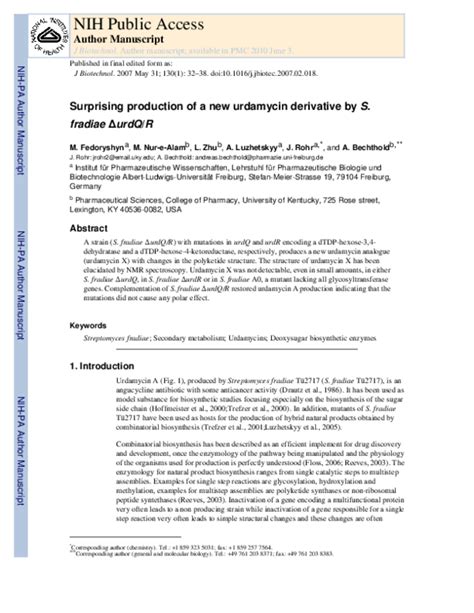 Pdf Surprising Production Of A New Urdamycin Derivative By S Fradiae Δurdqr