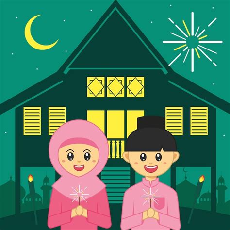 Hari Raya Aidilfitri 전통적인 말레이 마을 집이나 캄풍이 있는 귀여운 이슬람 소년과 소녀 프리미엄 벡터