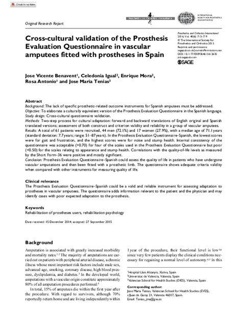 Pdf Cross Cultural Validation Of The Prosthesis Evaluation Questionnaire In Vascular Amputees