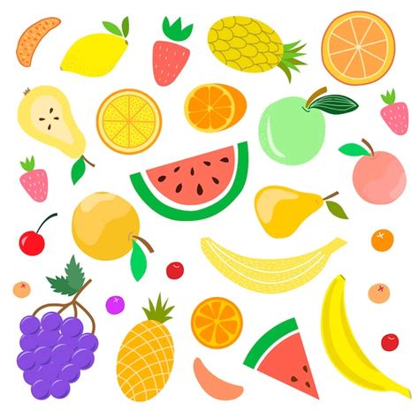 수분이 많은 여름 과일의 벡터 세트입니다 평면 판지 손으로 그리는 스타일의 그림 잘 익은 달콤한 과일과 열매 수박 파인애플 레몬 오렌지 체리 배 사과
