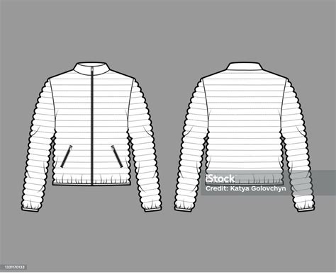 롱 슬리브 스탠드 칼라 지퍼 업 클로저 포켓 엉덩이 길이가있는 다운 퍼퍼 재킷 기술 패션 일러스트레이션 스키타기에 대한 스톡 벡터 아트 및 기타 이미지 Istock