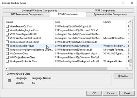 C Why Isnt My Windows Media Player Component Being Added To My