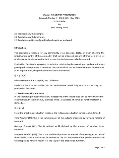Chap 2 Producer Theory Fseg Uds Pdf Production Function Business