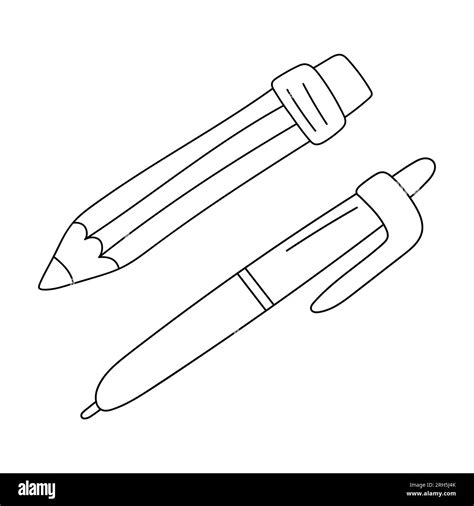 Pencil With Eraser And Ballpoint Pen Outline Doodle Stationery Office Supplies Simple Hand