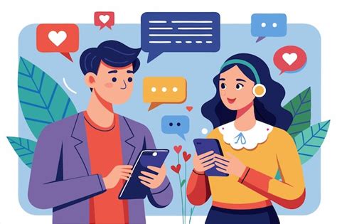 A Young Man And Woman Engage In Conversation Through Their Mobile Phones Smiling And Connecting