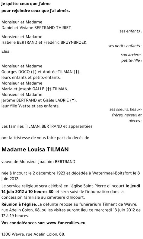 Avis De Décès De Louisa Tilman Décédé Le 08062012 à Watermaal