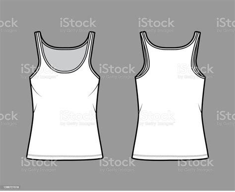 면 저지 탱크 테크니컬 패션 일러스트와 스쿱 넥 릴렉스 핏 튜닉 길이 플랫 아웃웨어 캐미솔 0명에 대한 스톡 벡터 아트 및 기타