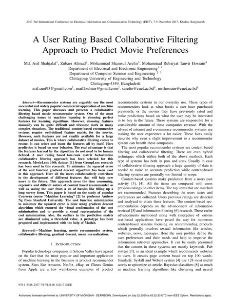 Pdf A User Rating Based Collaborative Filtering Approach To Predict Movie Preferences