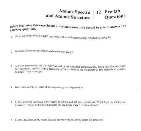 Solved Atomic Spectra And Atomic Structure Pre Lab Chegg Com