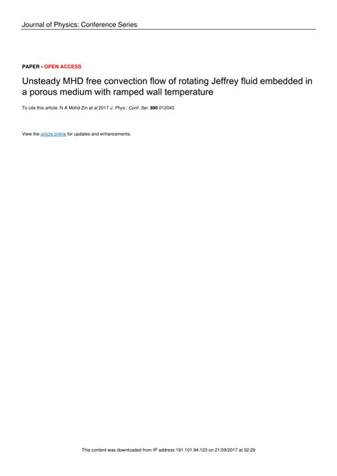 Pdf Unsteady Mhd Free Convection Flow Of Rotating Jeffrey Fluid Embedded In A Porous Medium