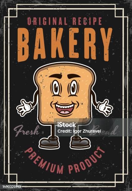 빵집 빈티지 컬러 포스터에는 빵 조각 만화 웃는 캐릭터가 있다 그런지 질감과 텍스트가 별도의 레이어에 있는 벡터 그림 건강한