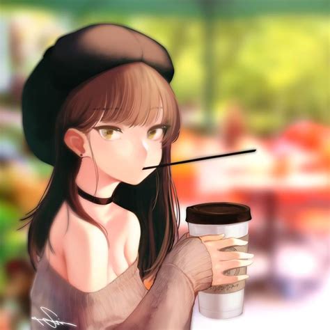 コーヒー Devプロフィールを确认的喝咖啡的少女插画图片 BoBoPic