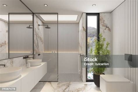 대형 대리석 타일과 식물이 있는 더블 세면대와 샤워기가 있는 현대적인 미니멀리스트 화이트 마스터 욕실 인테리어 0명에 대한 스톡 사진 및 기타 이미지 Istock