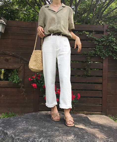 하이디엠 153 키작녀 하이웨스트 썸머 와이드 면 린넨 데님 흰색 팬츠 위시버킷