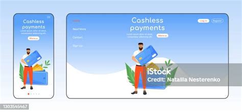 현금없는 지불 적응 착륙 페이지 플랫 컬러 벡터 템플릿 뱅킹 서비스 모바일 및 Pc 홈페이지 레이아웃 핀테크 한 페이지 웹 사이트 Ui 신용 카드 거래 웹 페이지 크로스