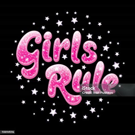 글 리터 텍스트 여자 규칙입니다 아이 들 옷 T셔츠 직물 또는 포장 또는 로고에 대 한 그림 핑크 반짝에 단어 검은 배경입니다 0명에 대한 스톡 벡터 아트 및 기타 이미지
