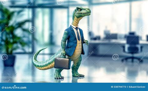 Business Dinosaur Walking In Office Holding Briefcase Stock
