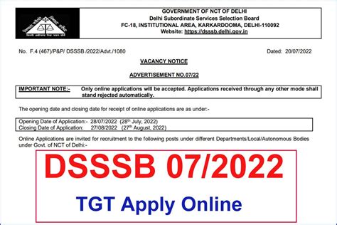 DSSSB TGT Recruitment 2022 Apply Online Form Trained Graduate Teacher Notification 07 2022 Out