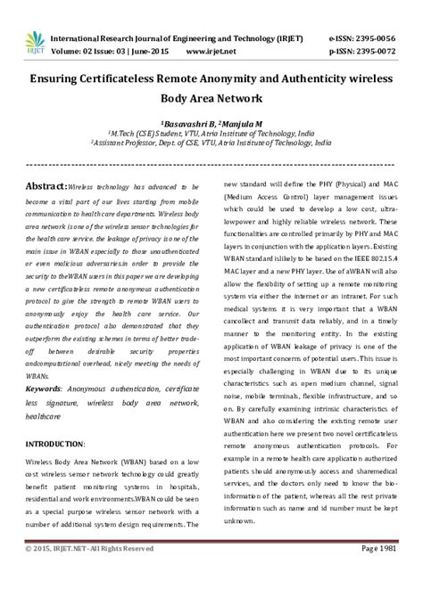 Pdf Irjet Ensuring Certificateless Remote Anonymity And Authenticity Wireless Body Area Network