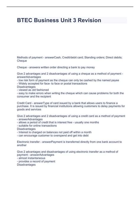 Btec Business Unit 3 Revision Questions And Answers Graded A Btec Stuvia Us