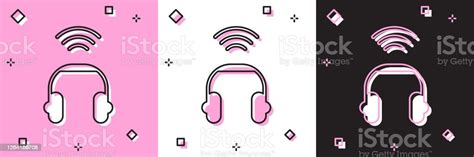 분홍색과 흰색 검은 색 배경에 격리 스마트 헤드폰 시스템 아이콘을 설정합니다 무선 연결과 사물 인터넷 개념 벡터 Dj에 대한