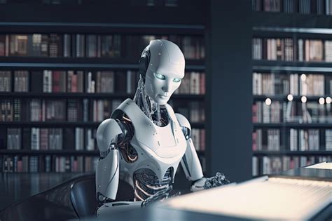 Premium Ai Image 3d Rendering Humanoid Robot Working In A Library