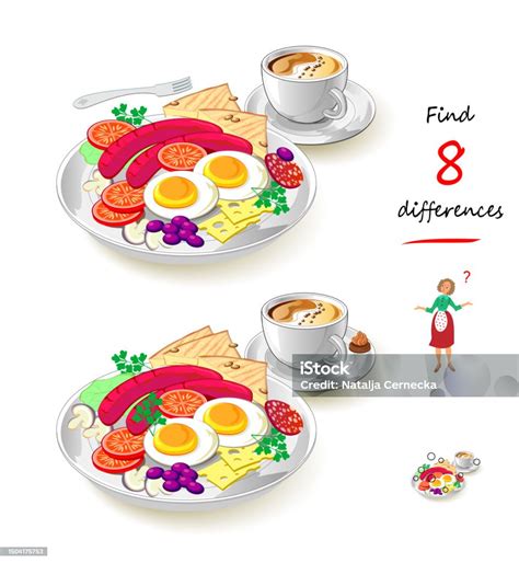 8 가지 차이점을 찾으십시오 맛있는 영국식 아침 식사의 삽화 어린이와 성인을 위한 논리 퍼즐 게임 아이들 수수께끼 책을위한 페이지입니다 계산 기술 개발 Iq 테스트 온라인