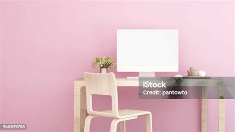 작품아파트 또는 가정3d에 대 한 핑크 방 작품에서 직장에 대 한 핑크 벽에 직장 렌더링 일함에 대한 스톡 사진 및 기타 이미지 Istock