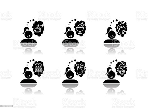 음식 갈망 드롭 그림자 검은 색 문고 아이콘 세트 건강에 해로운 간식을 생각하는 여성 맛있는 간식 패스트 푸드의 생각 햄버거 피자 아이스크림 식욕과 굶주림 격리된 벡터