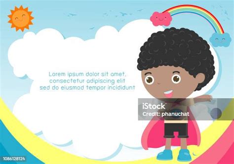 배경 광고 브로셔 당신의 텍스트 귀여운 작은 슈퍼 히어로 어린이 아이 아이 프레임과 프레임 벡터 일러스트 레이 션에 대 한 서식 파일에 슈퍼 히어로 아이 교과서에 대한 스톡