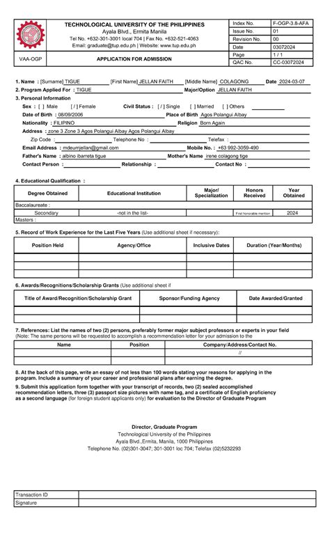 Tup Graduate Program Admission Application Form 2024 Studocu