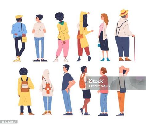 사람들의 뒷모습 남자와 여자는 뒤로 물러섰고 서 있는 인간의 성격 뒤에 뒤쪽 여성 또는 뒤쪽 남성 노동자는 스타일 옷을 입고 고급스러운 벡터 일러스트레이션을 입었다 사람들에