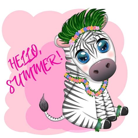 훌라 댄서 의상 하와이 어린이 캐릭터의 귀여운 얼룩말 여름 방학 휴가 프리미엄 벡터