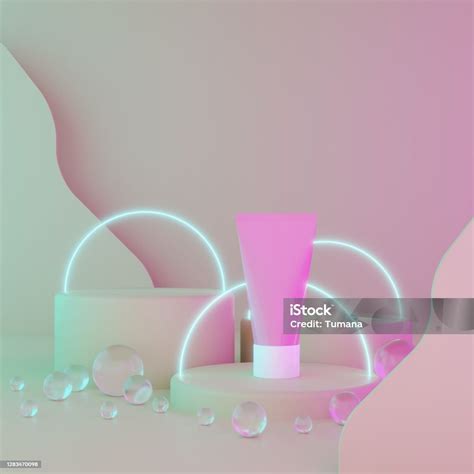 세 원통형 기하학적 모형 연단과 둥근 유리 공 빛나는 원밝은 색상의 배경에 크림을 포장 광고 화장품 또는 제품 3d 렌더링 그림입니다 3차원 형태에 대한 스톡 사진 및 기타