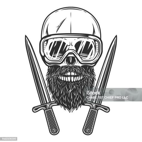 보안경에 힙스터 콧수염과 수염을 기른 두개골과 흰색 배경 흑백 그림에 격리된 교차 칼 단검 개념에 대한 스톡 벡터 아트 및 기타 이미지 개념 거리 검은색 Istock