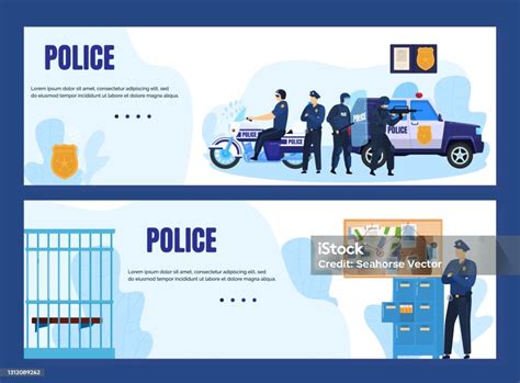 경찰과 경찰서 배너 벡터 일러스트와 경찰 개념 제복을 입은 경찰관과 경찰관 시 경찰서 감시에 대한 스톡 벡터 아트 및 기타