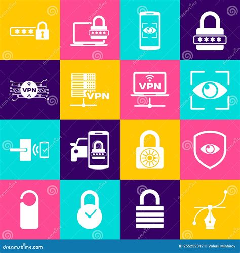 Set Bezier Curve Shield And Eye Eye Scan Mobile Server Vpn And With Microchip Circuit Icon