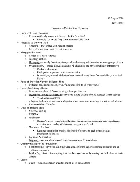 30 August Constructing Phylogenies 30 August 2018 Biol 3600 Evolution Constructing