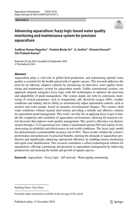Pdf Advancing Aquaculture Fuzzy Logic Based Water Quality Monitoring And Maintenance System