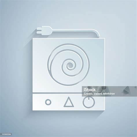 종이 는 회색 배경에 고립 된 전기 난로 아이콘을 잘라 쿡탑 기호입니다 4 개의 원 버너가있는 호브 종이 아트 스타일입니다 벡터 일러스트레이션 3차원 형태에 대한 스톡 벡터