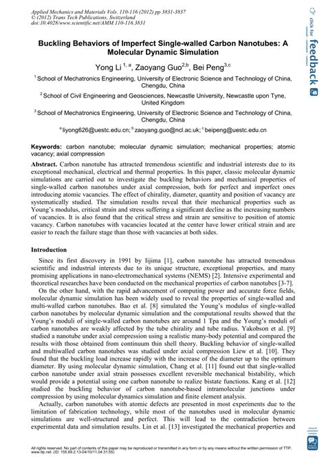 Pdf Buckling Behaviors Of Imperfect Single Walled Carbon Nanotubes A Molecular Dynamic Simulation