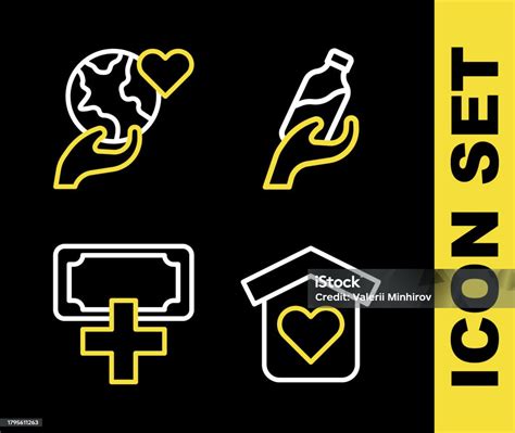 세트 라인 기부 물 노숙자를위한 쉼터 자선 단체 및 손을 들고 지구 지구 아이콘 벡터 Emergency Shelter에 대한 스톡 벡터 아트 및 기타 이미지