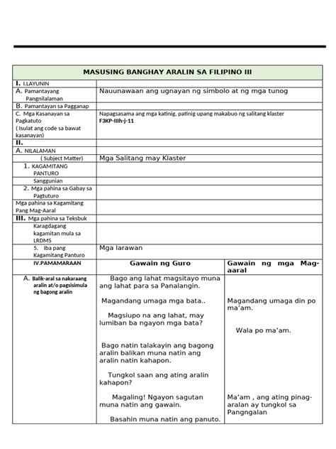 Mga Salitang May Klaster Lesson Plan 3 Pdf