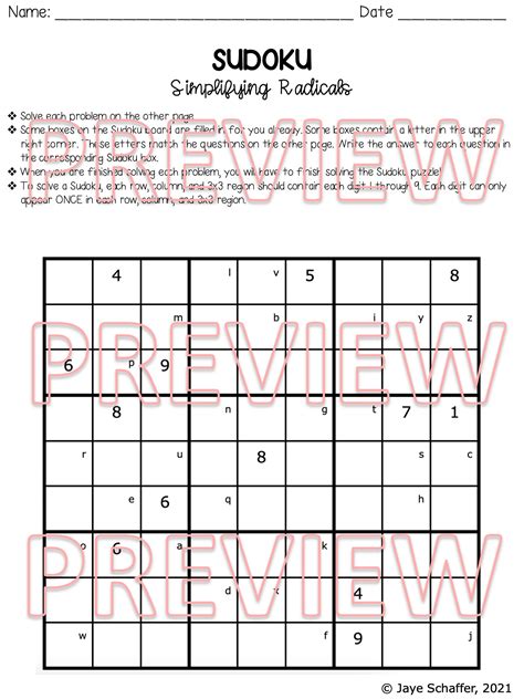 Simplifying Radicals And Radical Operations Sudoku Puzzle Made By