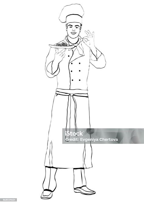 흰색 배경에 고립 된 전면 색소 벡터 개요 초상화 남성 요리사 전체 길이 흑인과 백인 형태로 요리사 S 모자 앞치마 접시와에 인간의 손에 그린 서 요리 요리사에 대한 스톡