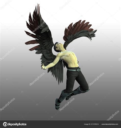 Handsome Shirtless Dark Angel Black Wings Flight Back Arched Arms Stock