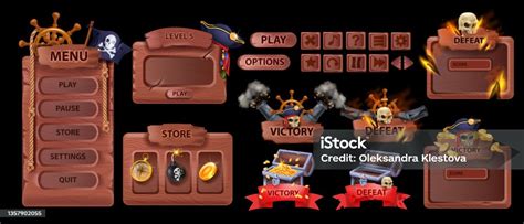 나무 해적 게임 Ui 아이콘 세트 해적 목재 메뉴 패널 벡터 인터페이스 키트 승리 패배 배지 여가활동 게임에 대한 스톡 벡터 아트 및 기타 이미지 Istock