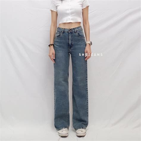 กางเกงยีนส์เอวสูงกระบอกใหญ่ Shopee Thailand