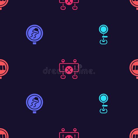 Set Road Traffic Sign Slippery Road Barrier And Pedestrian Crosswalk On Seamless Pattern