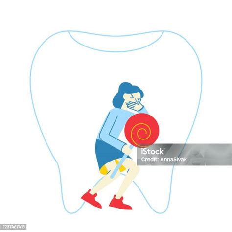 치아 또는 껌에 끔찍한 고통을 느끼는 뺨을 들고 롤리팝과 어린 소녀치통의 고통 여성 캐릭터 구강 내 우식 치아 통증 치과 개념 선형 벡터 일러스트레이션 걱정하는에 대한 스톡